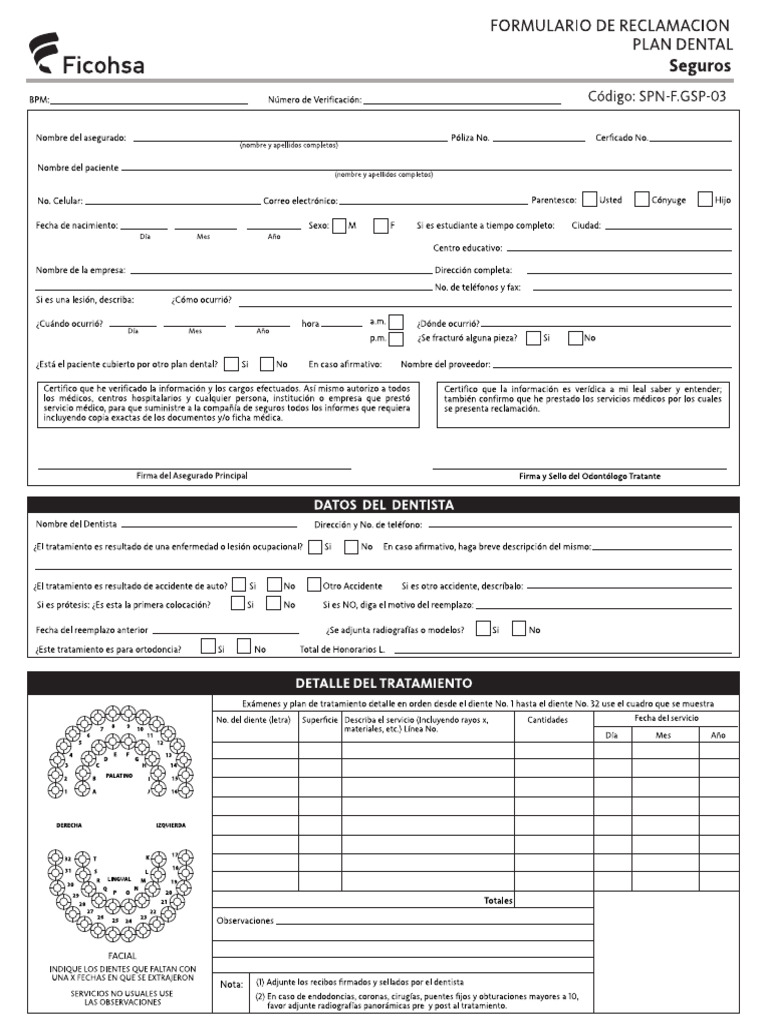 Formulario Dental-Nuevo Ficohsa Seguros 30-1-2023 Nuevo | PDF