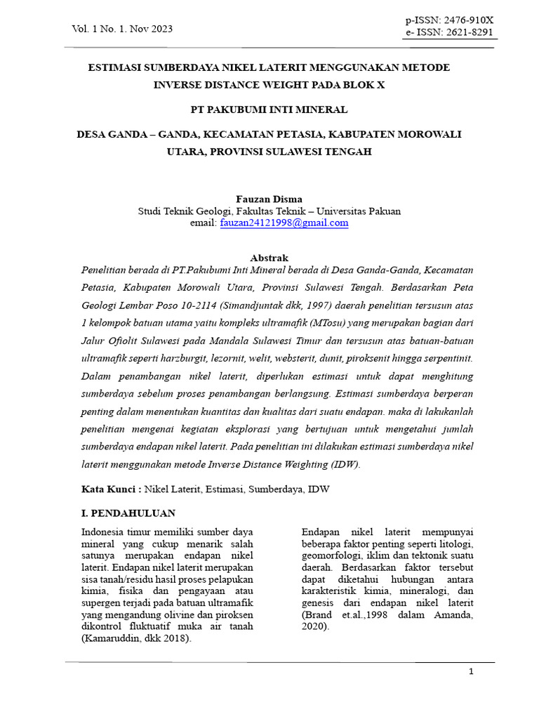 Estimasi Sumberdaya Nikel Laterit Menggunakan Metode Idw | PDF