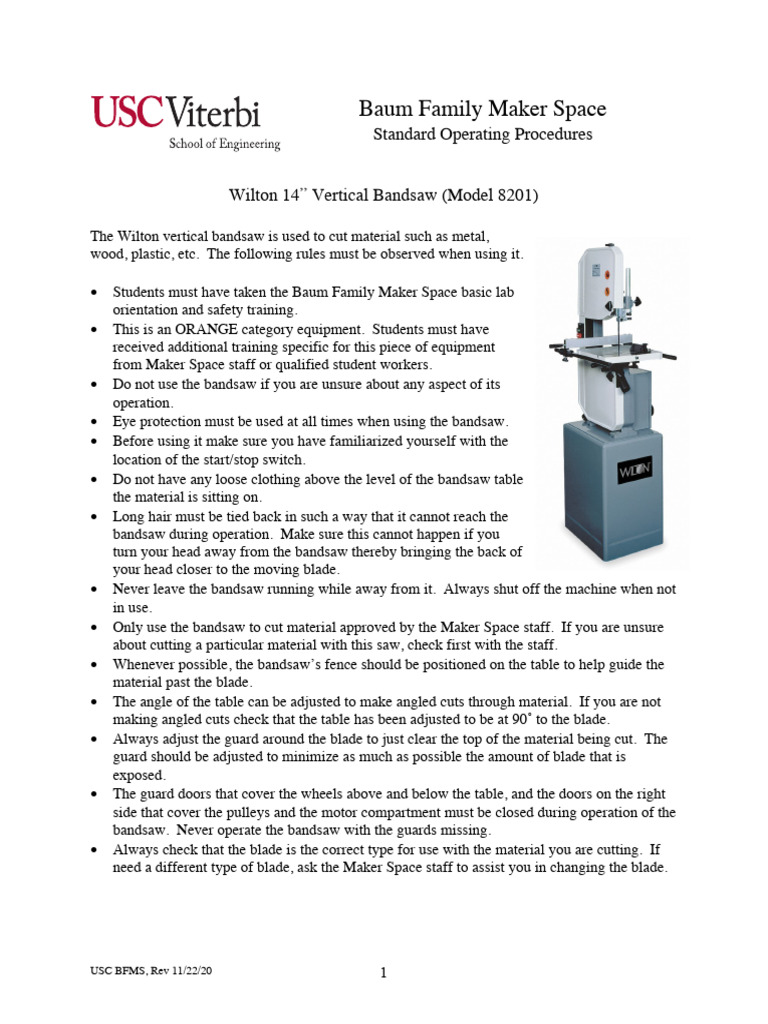 BFMS SOP WiltonBandsaw | PDF | Belt (Mechanical) | Electrical Connector