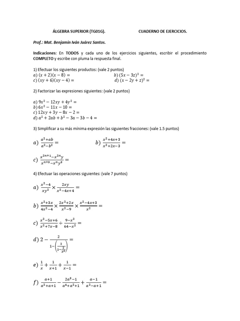 Ejercicios de Álgebra Superior | PDF | Entero | Objetos matemáticos