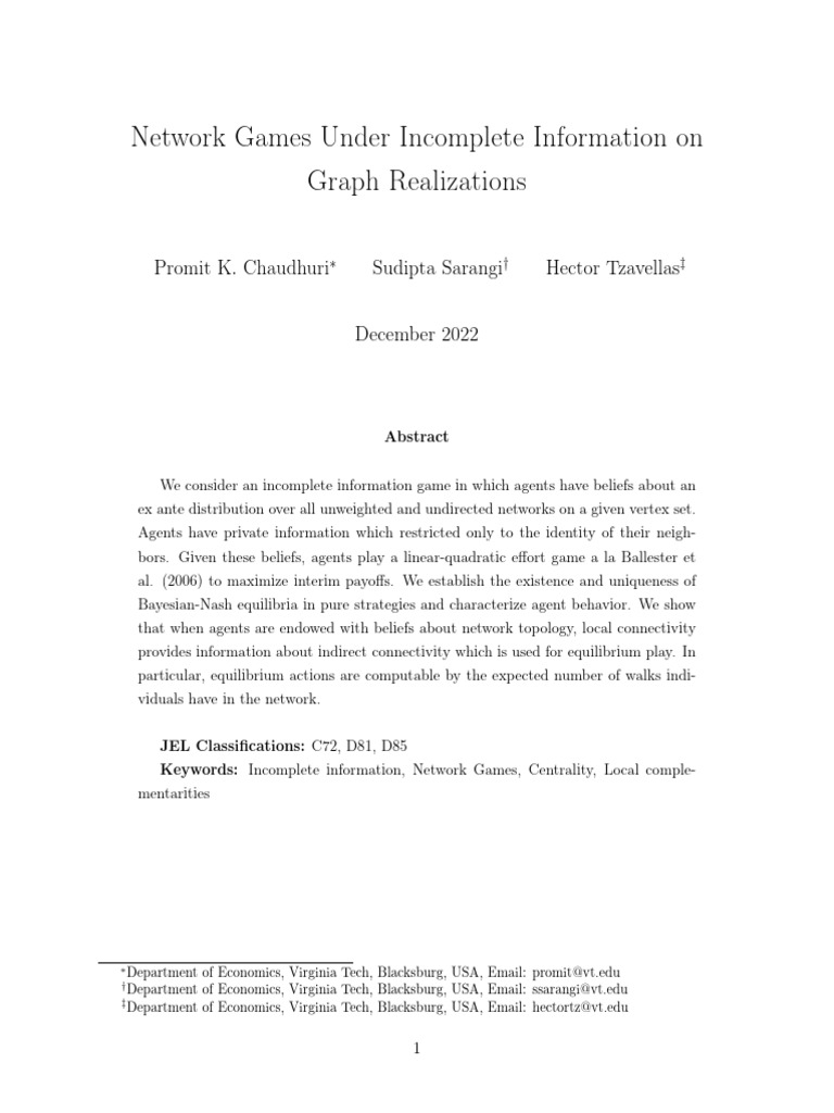 Network Games Under Incomplete Information On Graph Realizations | PDF ...