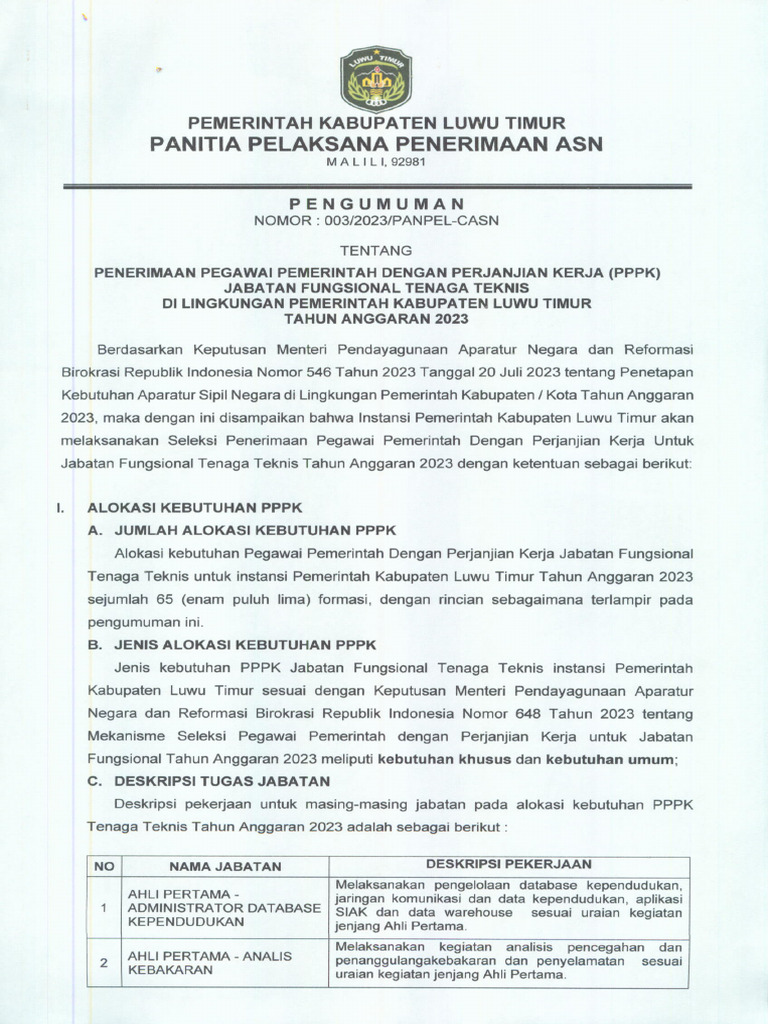 Pengumuman Formasi PPPK Teknis | PDF