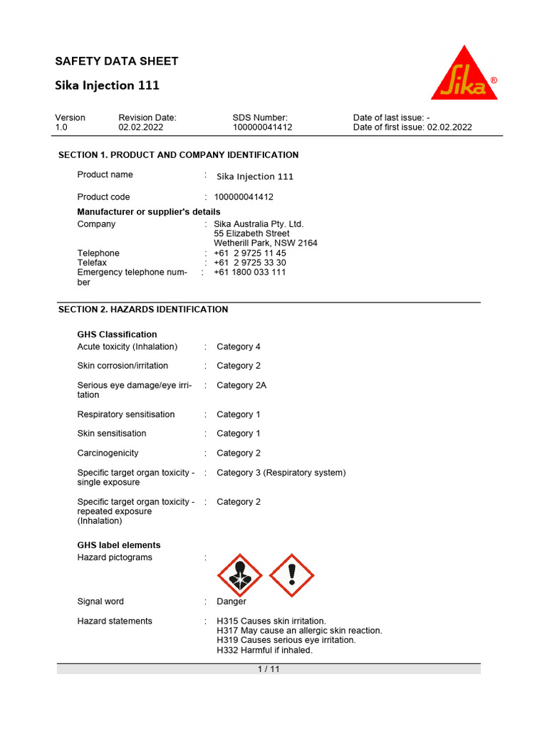 Sika® Injection-111 SDS | PDF | Toxicity | Chemistry
