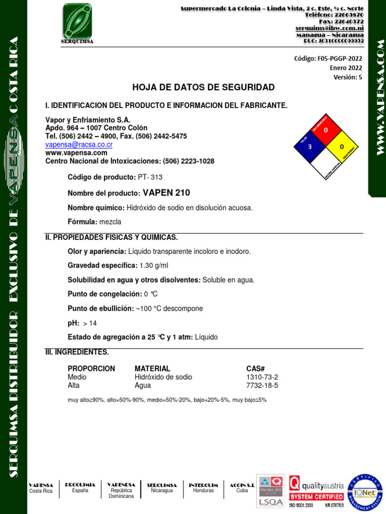 Hoja Seguridad MSDS Vapen 210 | PDF | Agua | Quemar