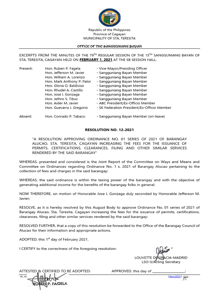 Resolution Approving Fee Increases in Alucao | PDF | Government ...