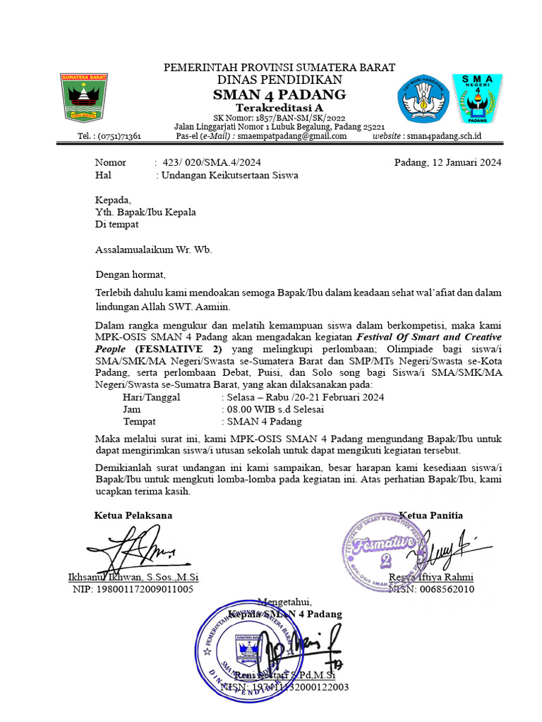 Undangan FESMATIVE 2 SMAN 4 Padang | PDF | Karier & Perkembangan