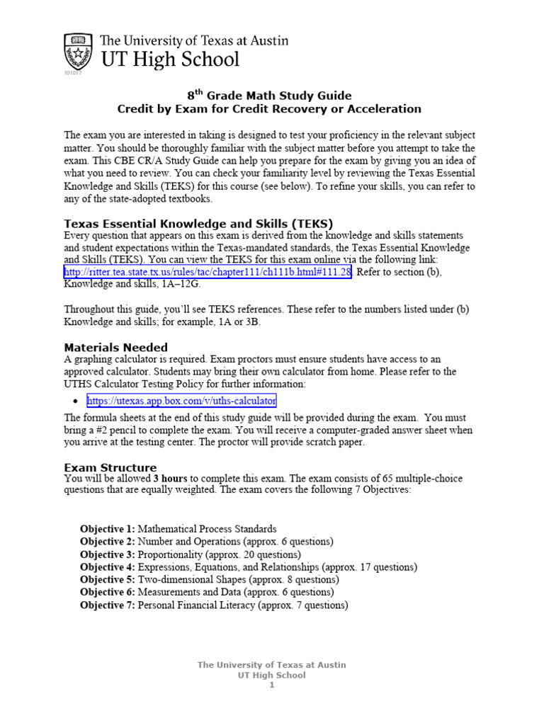 8th Grade Math Exam Study Guide | PDF | Teaching Methods & Materials