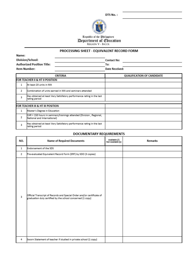 Processing Sheet - Equivalent Record Form: DTS No. | PDF | Vocational ...