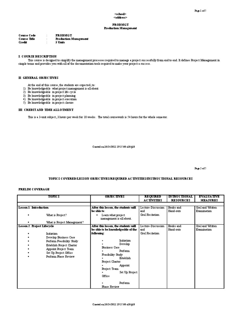 Production Management Syllabus Sample | PDF | Feasibility Study ...