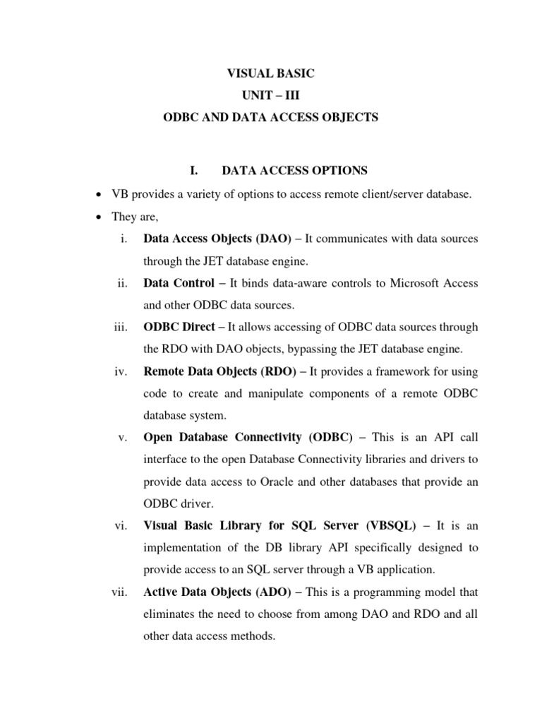 VB-UNIT III-Data Access Options' With You | PDF | Databases ...
