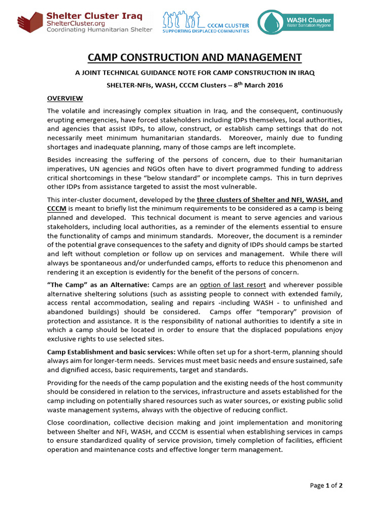 English. Joint Guidance Note On Camps Snfi-Wash-Cccm | Download Free PDF | Wash | Internally ...