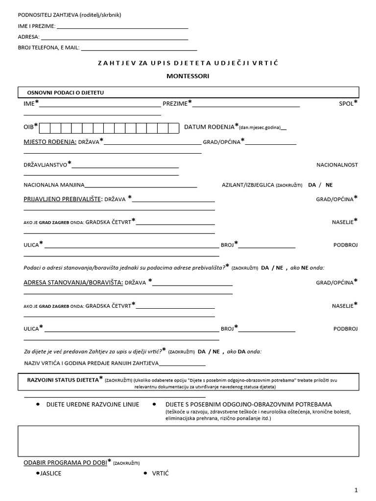 Zahtjev Za Upis | PDF