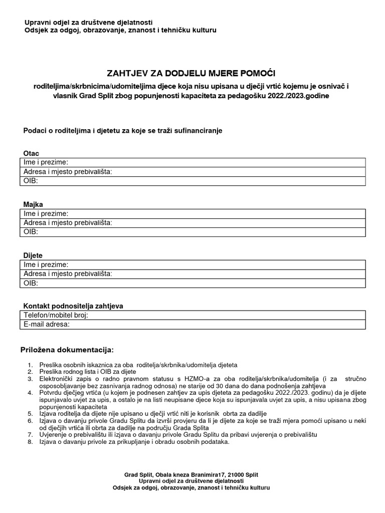 Obrazac - Zahtjev Za Dodjelu Mjere Pomoä I | PDF