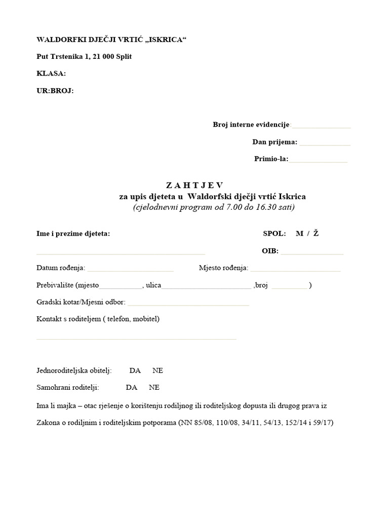 ZAHTJEV Za Upis Djeteta 2023. | PDF