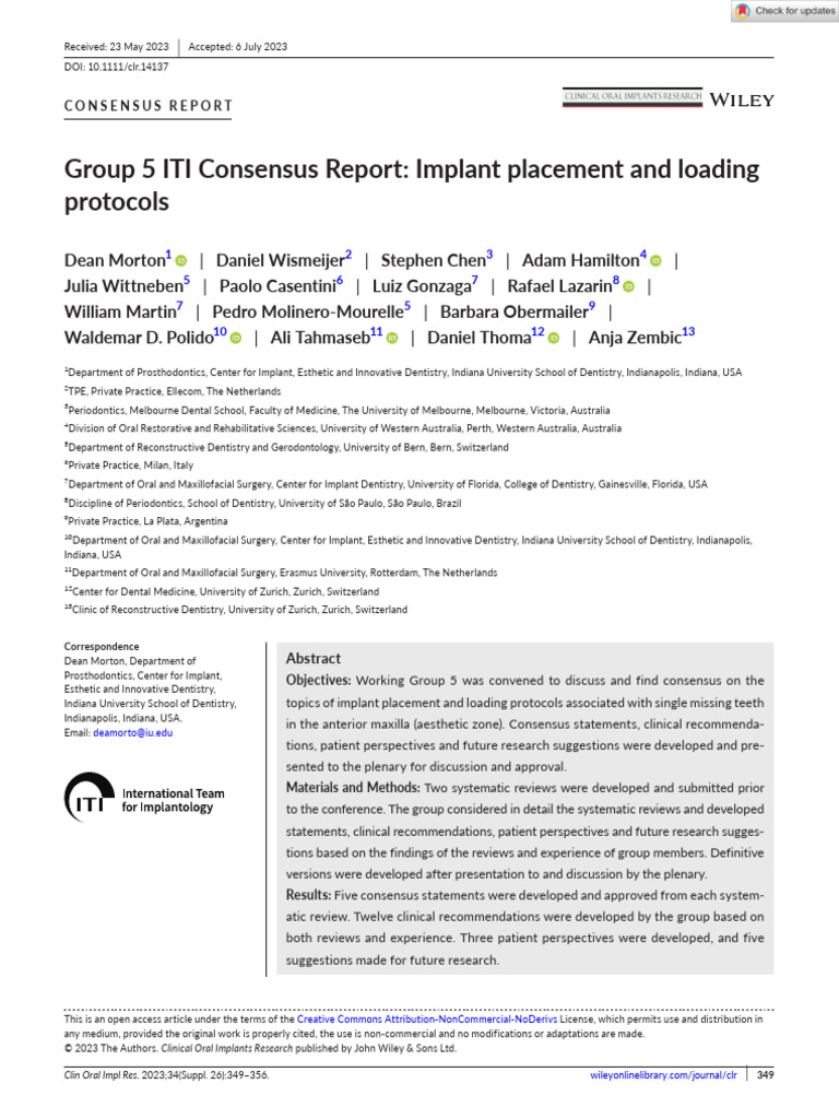 Clinical Oral Implants Res - 2023 - Morton - Group 5 ITI Consensus Report Implant Placement and ...