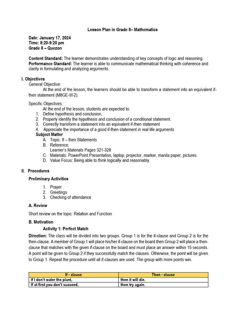 Grade 8 Math Lesson: If-Then Statements | PDF | Mathematics | Argument