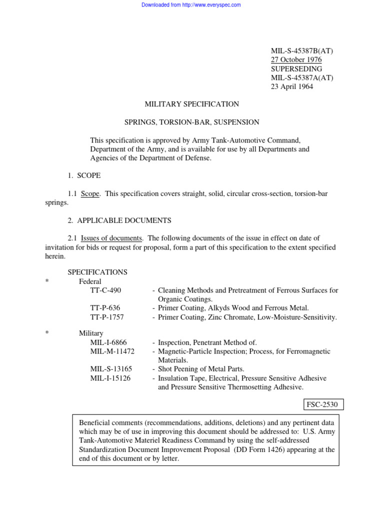 MIL-S-45387B SPECIFICATION Torsion Bar | PDF