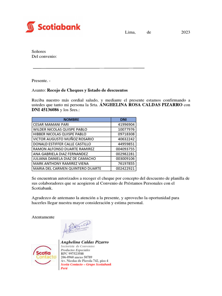 Carta y Recibos para Recojo de Cheques | PDF