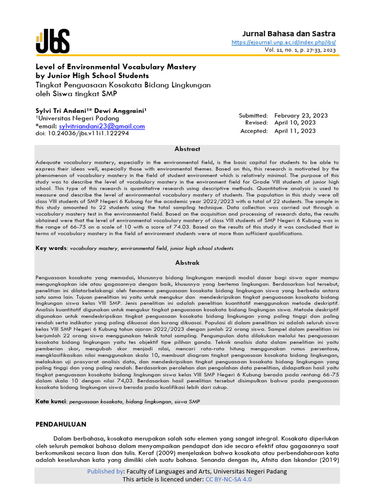 Level of Environmental Vocabulary Mastery | PDF | Karier & Perkembangan | Seni & Disiplin Bahasa