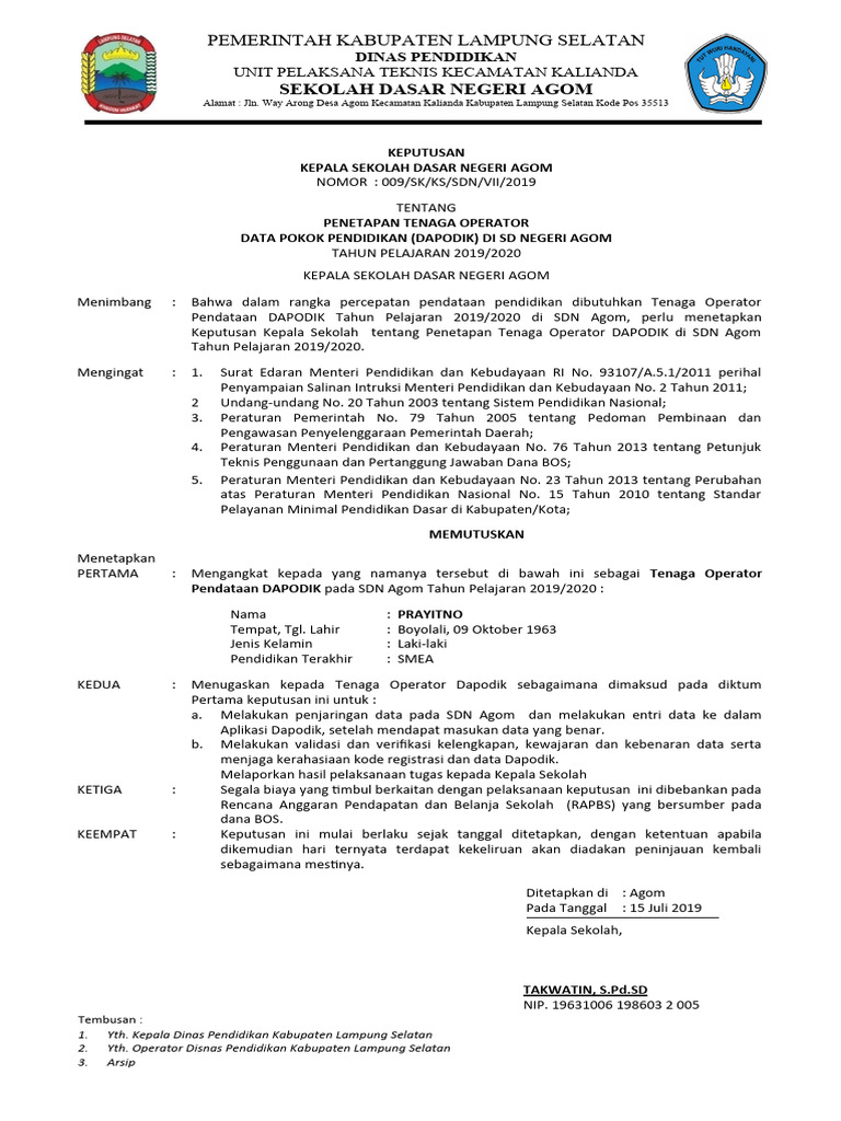 Penetapan Tenaga Operator DAPODIK SDN Agom | PDF
