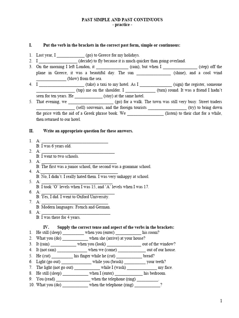 Past Simple vs. Past Continuous Exercises | PDF | Language Arts ...