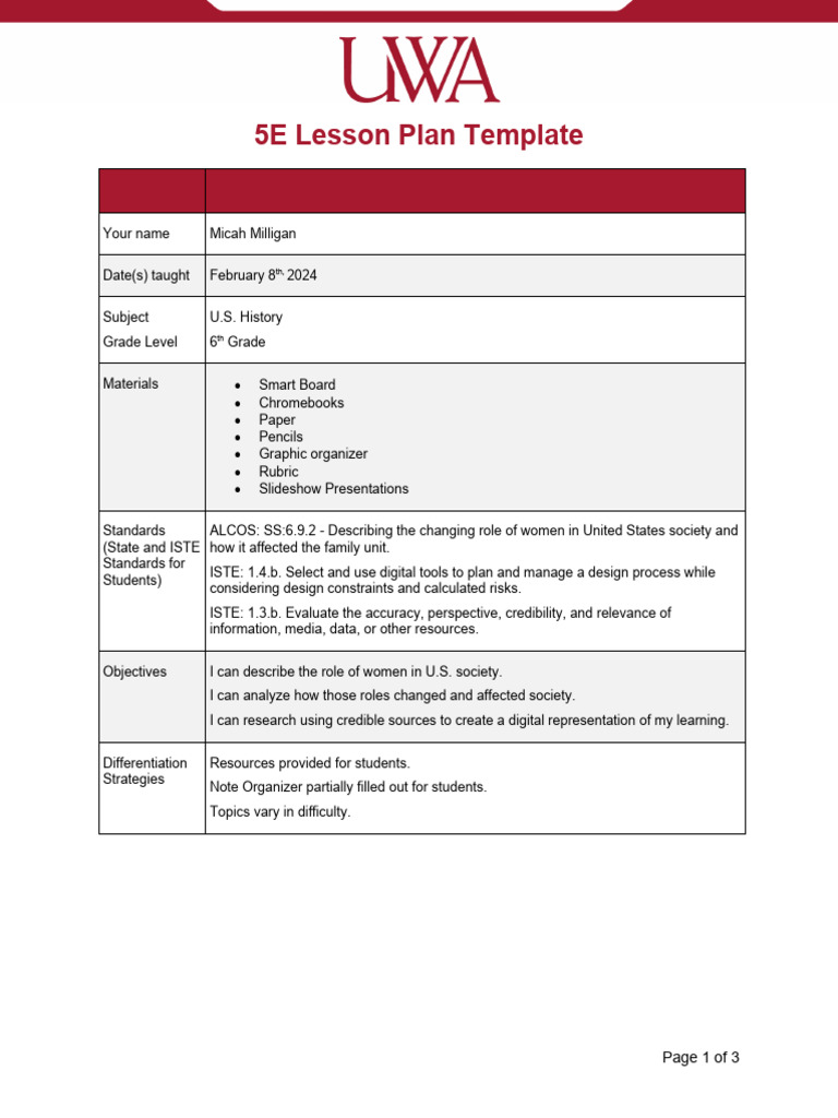 5E U.S. History Lesson Plan Template | PDF | Social Science