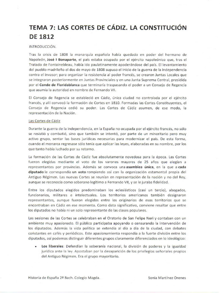Tema 7 Las Cortes de Cadiz. La Constitucion 1812 | PDF