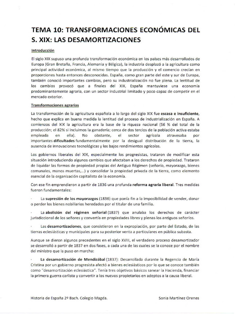 Tema 10 Las Transformaciones Economicas S.xix. Las Desamortizaci | PDF