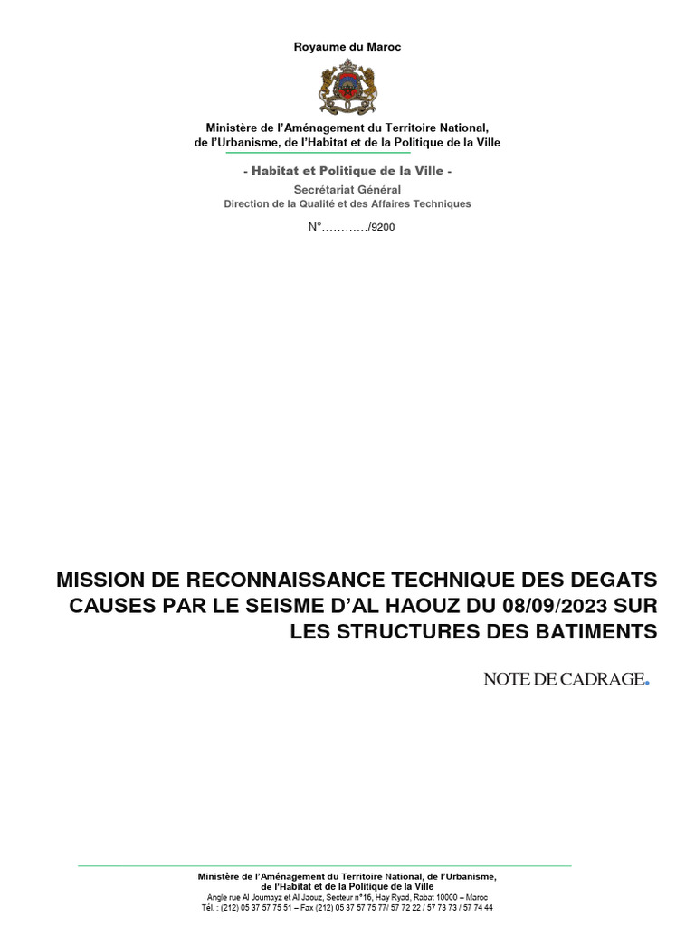 Note de Cadrage Mission de Reconnaissance 16-09 - Globale | PDF
