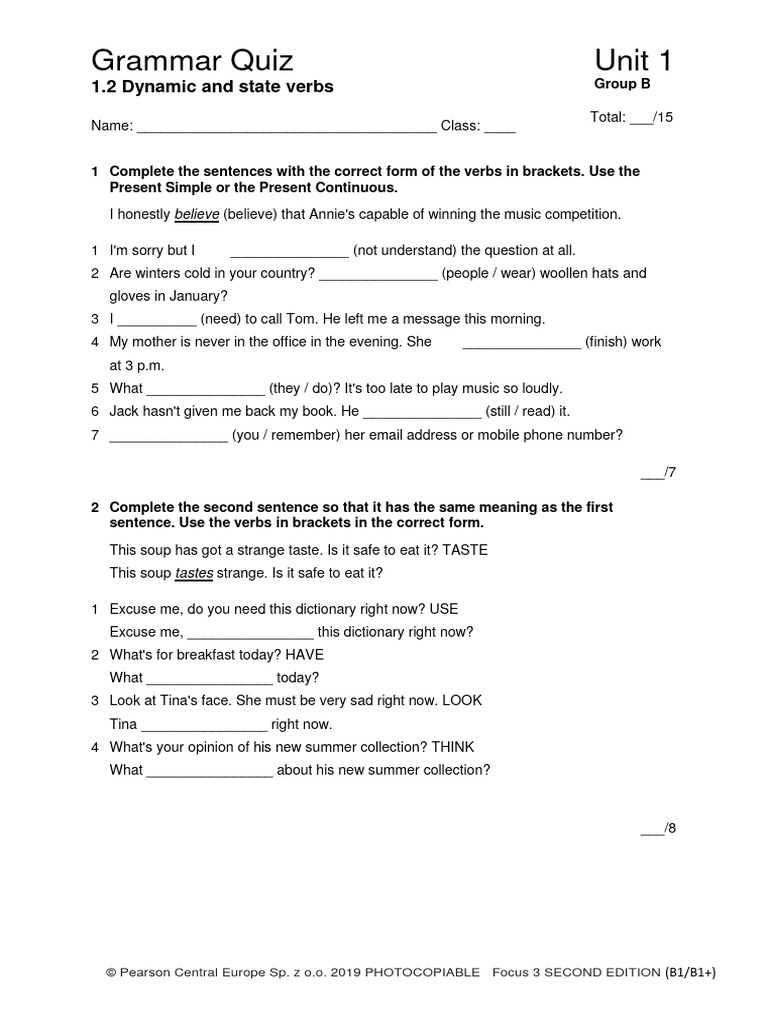 Focus3 2E Grammar Quiz Unit1.2 GroupB | PDF | Language Arts ...