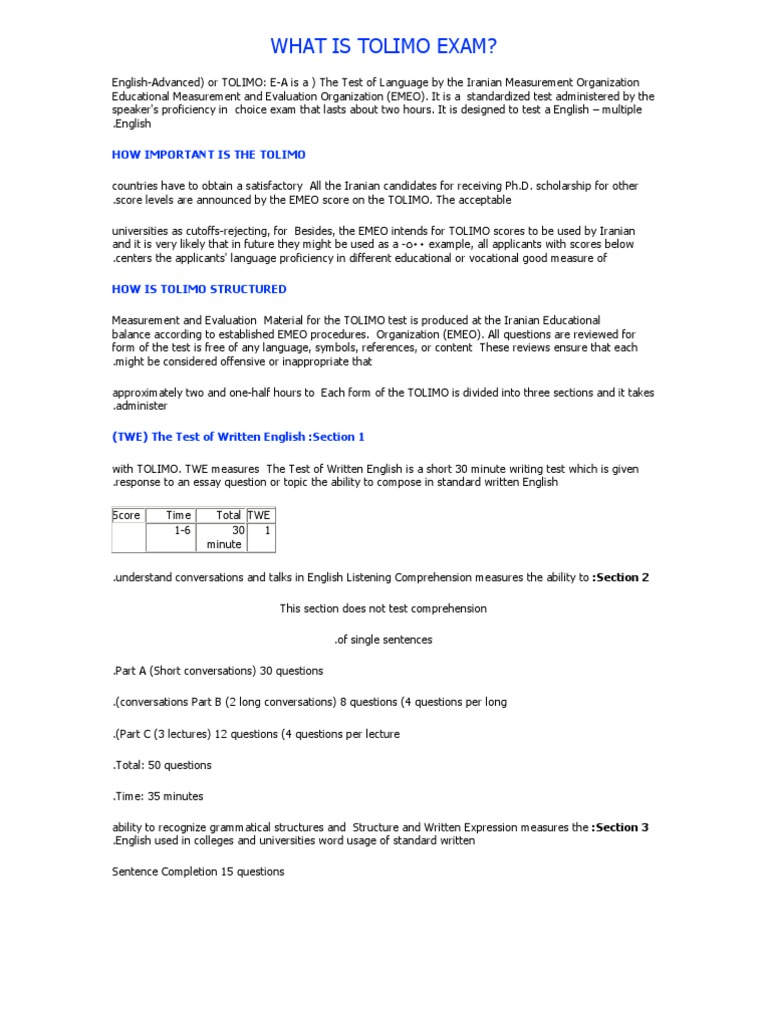Understanding the TOLIMO Exam | PDF | Test Of English As A Foreign ...