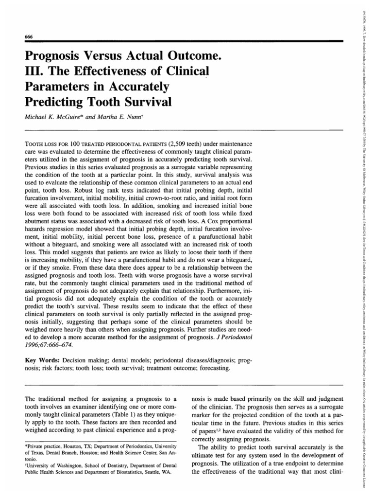 Journal of Periodontology - 1996 - McGuire - Prognosis Versus Actual ...