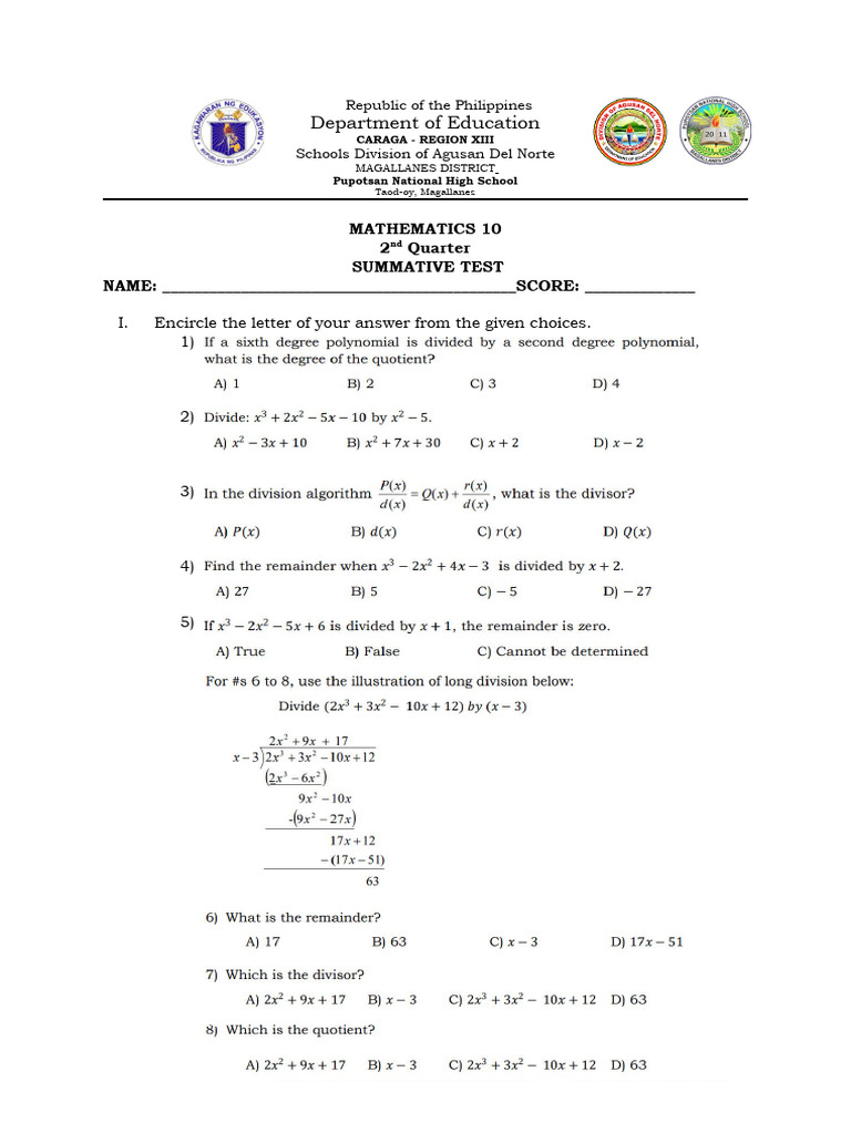 Math 10 Summative 2nd Quarter | PDF