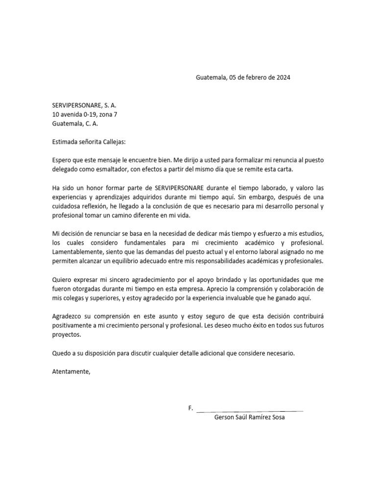 Renuncia de Gerson Ramírez a SERVIPERSONARE | PDF | Crecimiento personal y profesional