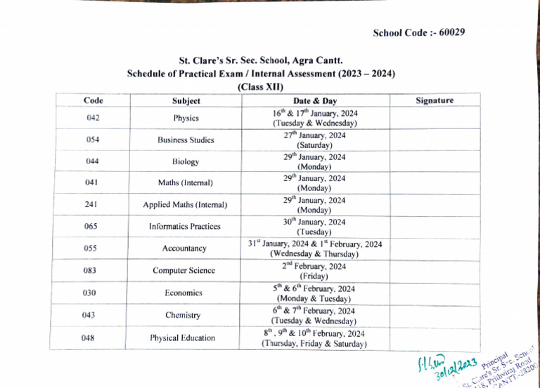 Class 12th Practical Date Sheet (2023-2024) | PDF