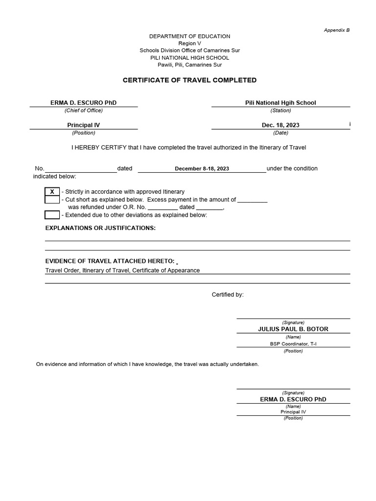 Certificate of Travel Completed | PDF