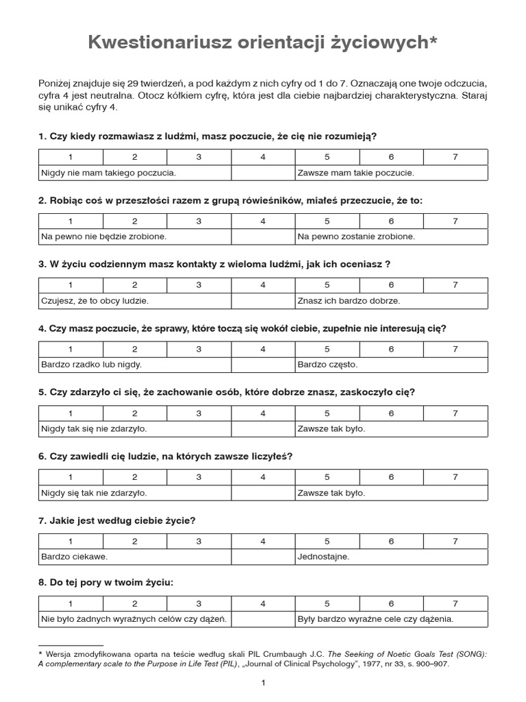 Kwestionariusz Orientacji Życiowych (Koherencja) | PDF
