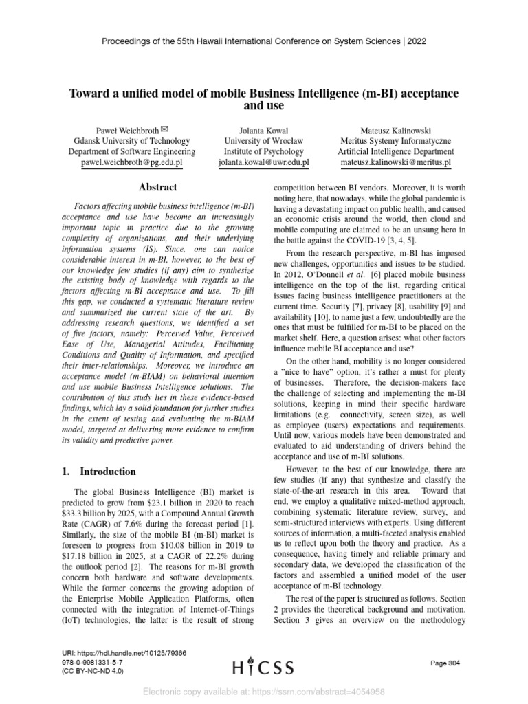 2022 Toward A Unified Model of Mobile Business Intelligence (m-BI) Acceptance | PDF | Business ...