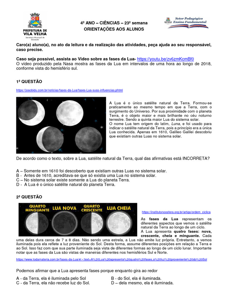 4º ANO CIENCIAS 23ª SEMANA | PDF | Maré | Lua