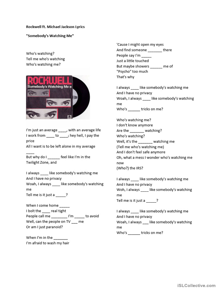 Rockwell Ft. Michael Jackson - Somebody's Watching Me Song Worksheet | PDF