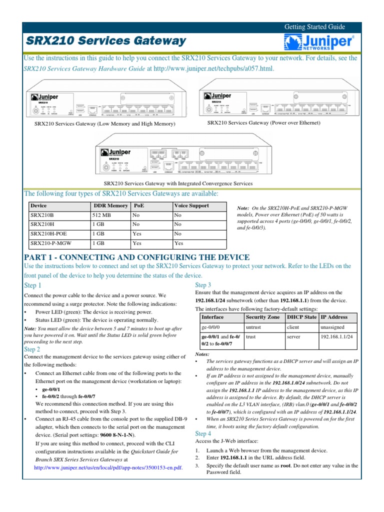 Srx210 Getting Started Guide | PDF | Gateway (Telecommunications) | Ip ...