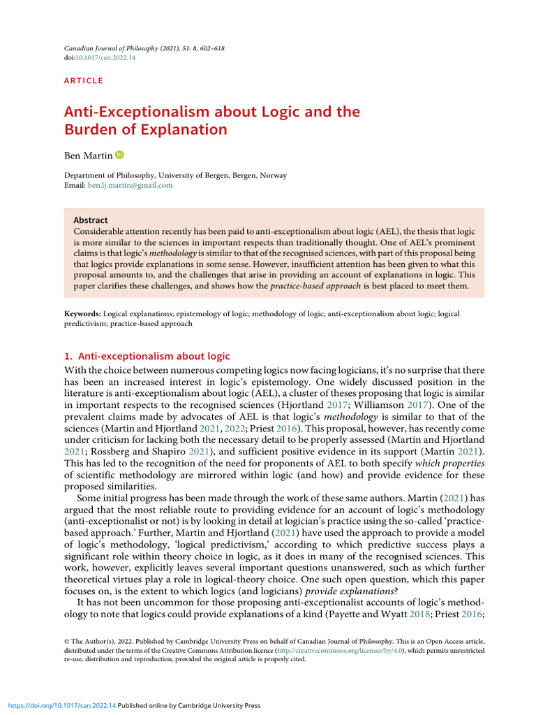 Anti Exceptionalism About Logic and The Burden of Explanation | PDF | Logic | Argument