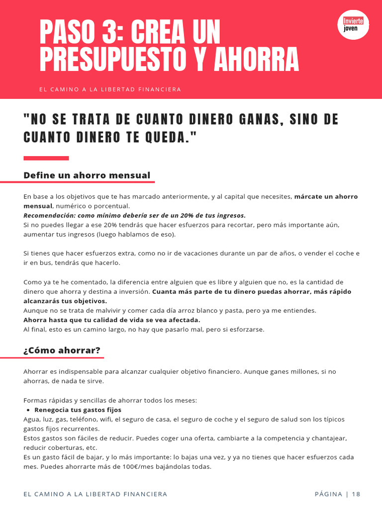 Crear Un Presupuesto y Ahorrar - El Camino A La Libertad Financiera - Invierte Joven | PDF ...
