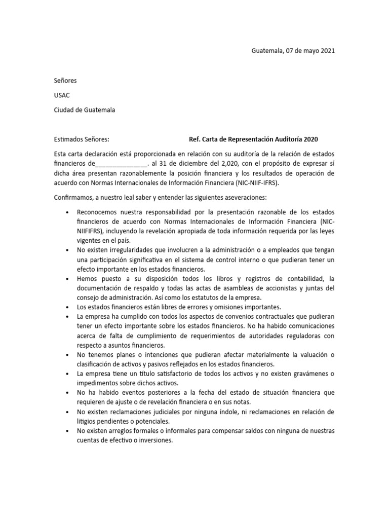 Carta de Representacion | PDF | Estado financiero | Auditoría
