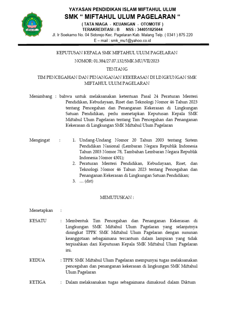 Lampiran 2 - Contoh SK Kepala Satuan Pendidikan Pembentukan TPPK | PDF