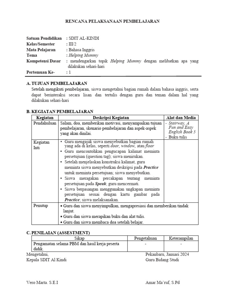 RPP Kelas 3 Bahasa Inggris Semester 2 | PDF