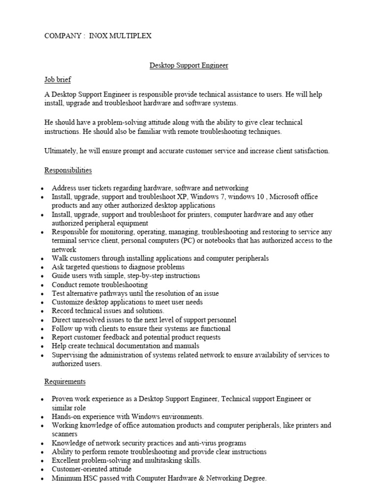 Desktop Support Engineer Job Overview | PDF | Microsoft Windows ...