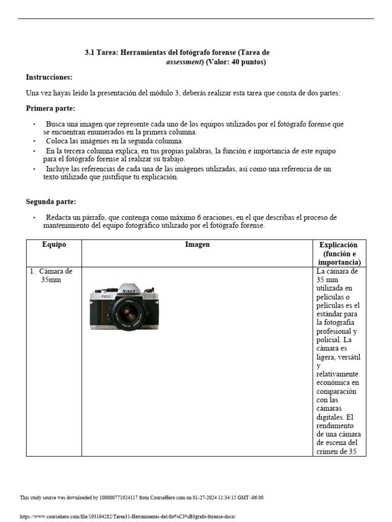 Tarea3.1 Herramientas Del Fot Grafo Forense | PDF | Cámara | Exposición (fotografía)
