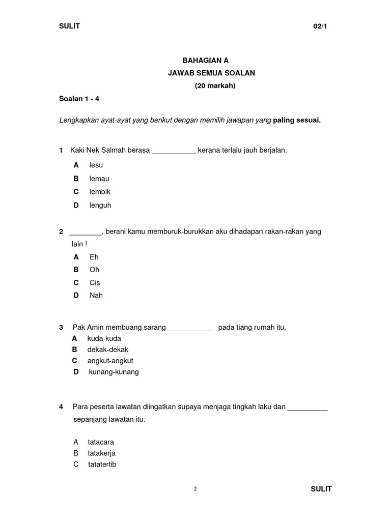 Lengkapkan Ayat-Ayat Yang Berikut Dengan Memilih Jawapan Yang Paling Sesuai | PDF