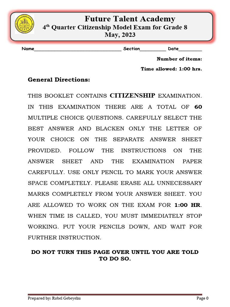 Grade 8 Citizenship Exam Q4 2023 | PDF